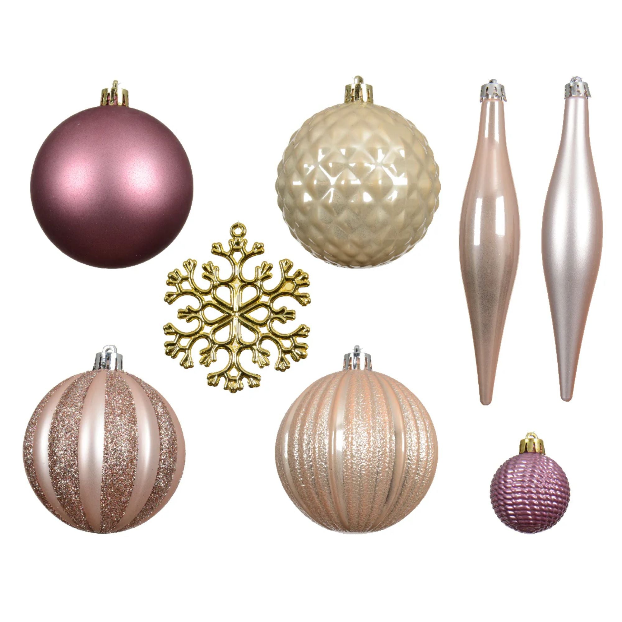 Set of 46 Vintage Pink Pearl and Gold Shatterproof Christmas Tree Baub