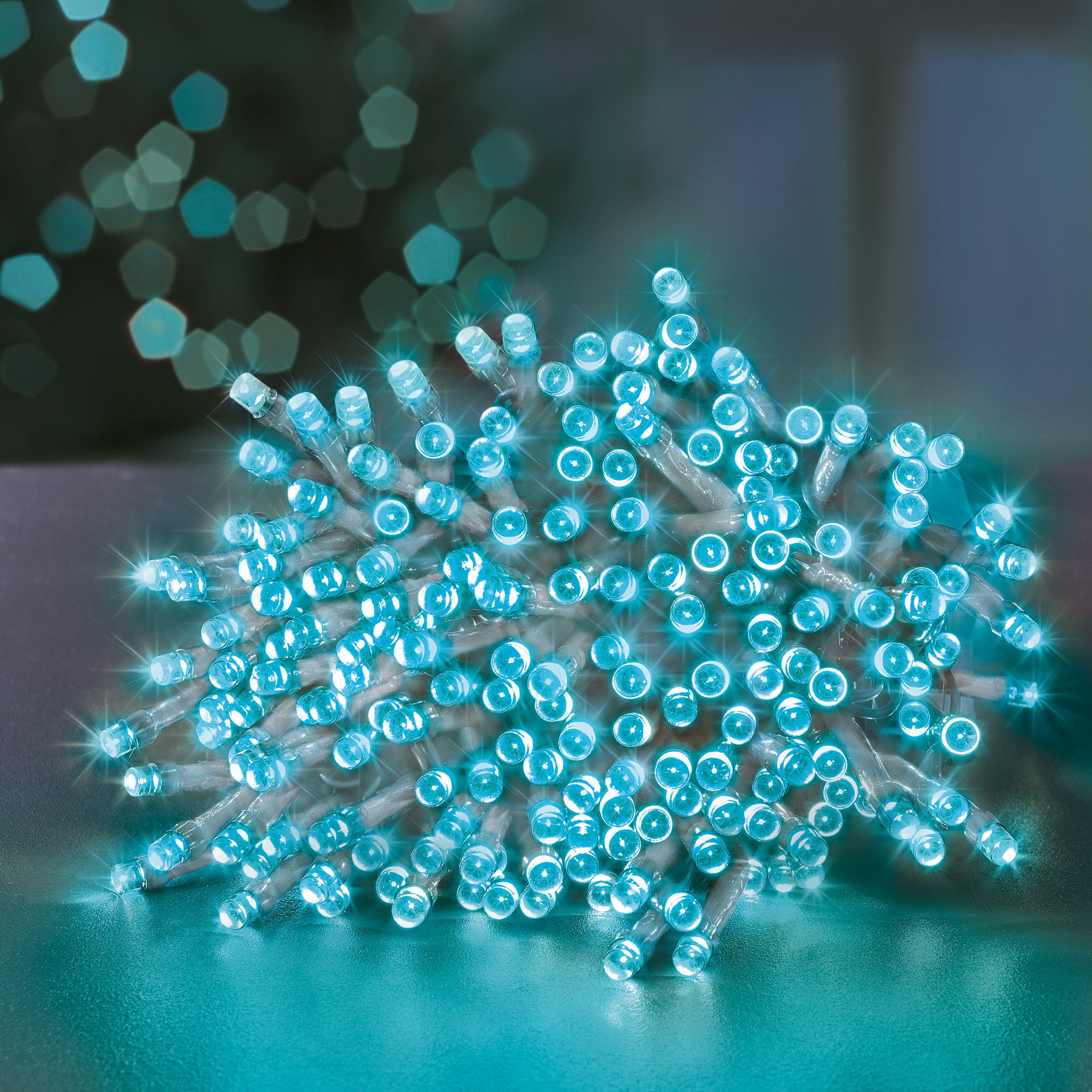200 Turquoise Supabrights Multi Action LED String Lights on Clear Cabl